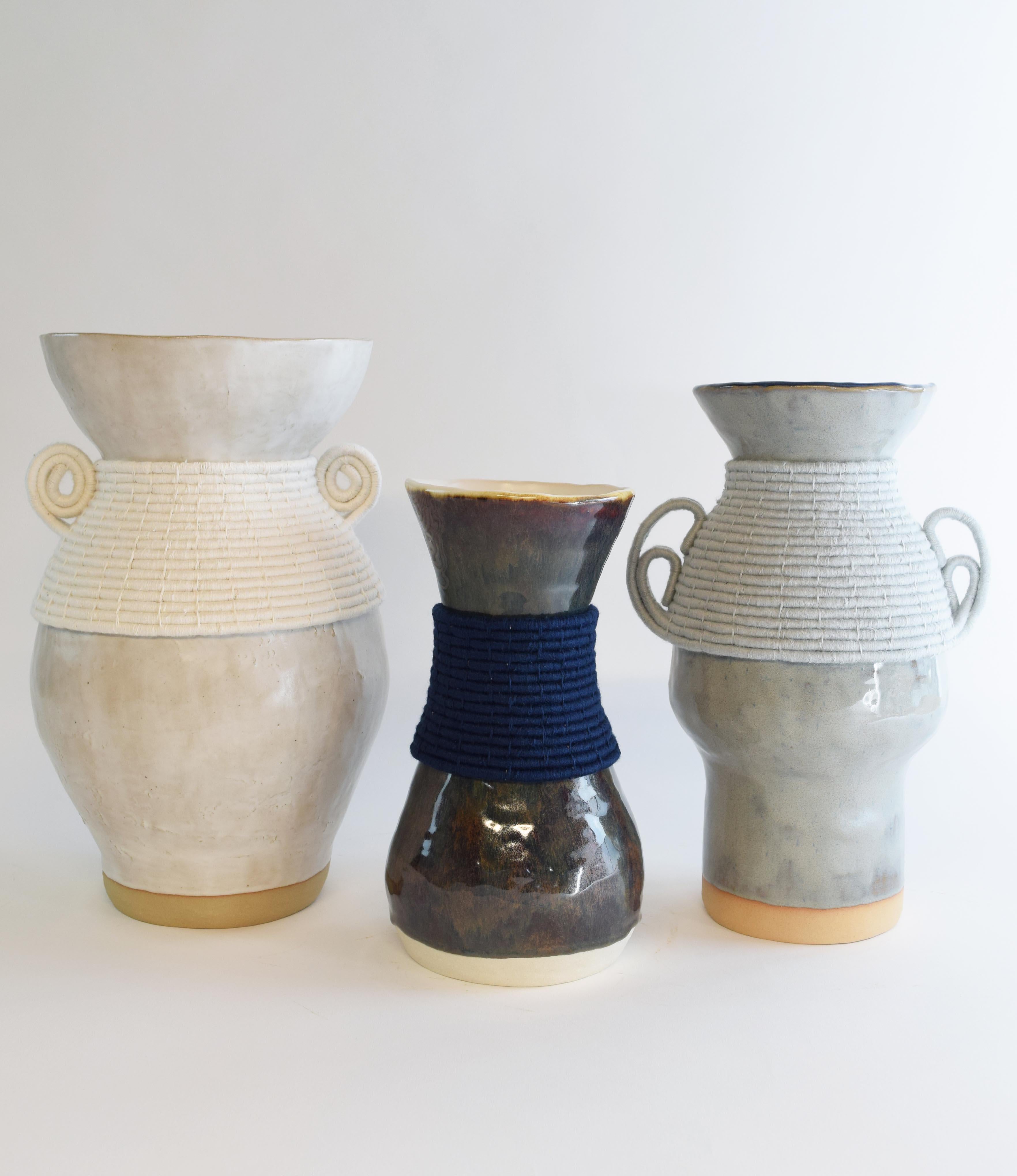 One of a Kind Ceramic Vase #768, Multi-Colored Glaze and Woven Navy ...