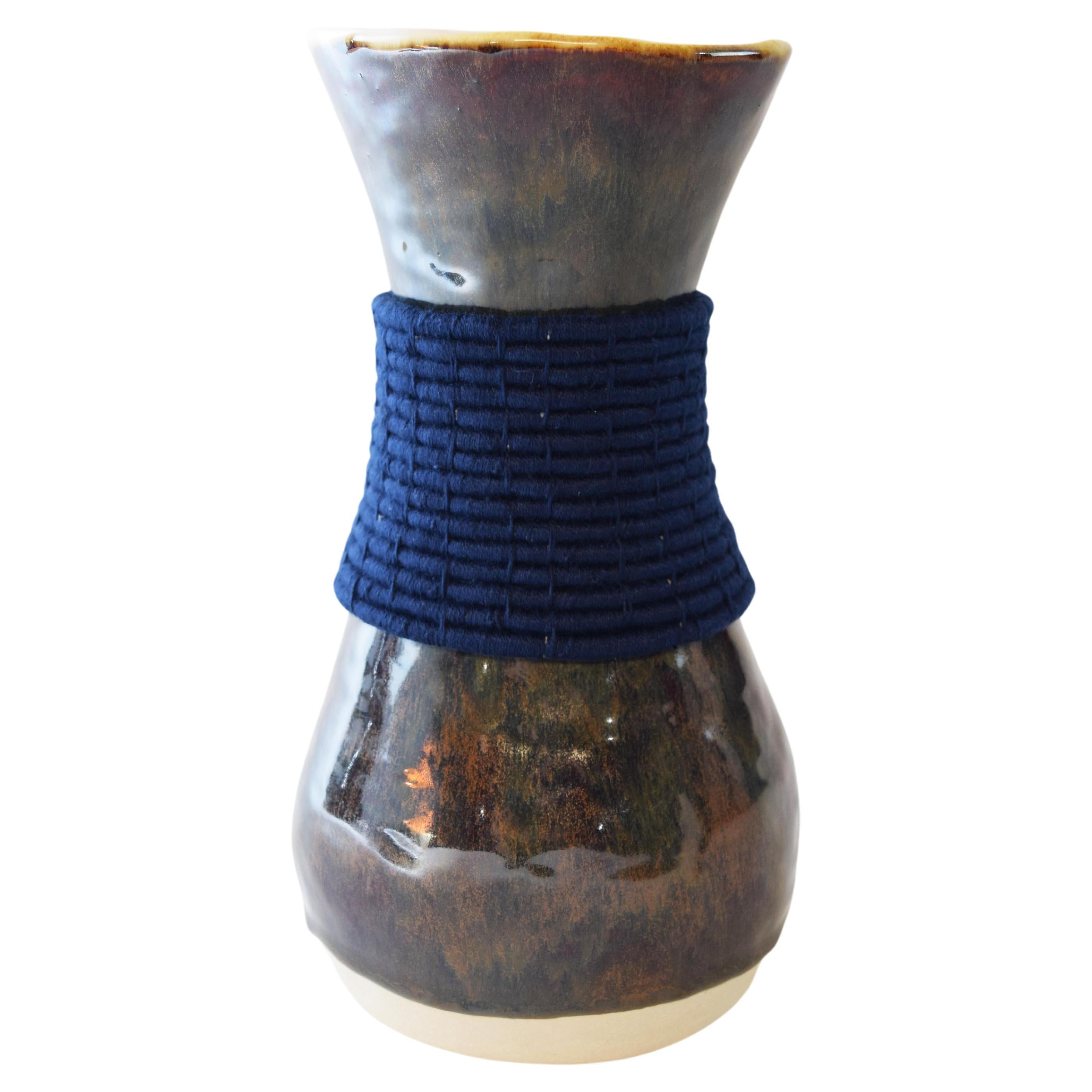 One of a Kind Ceramic Vase #768, Multi-Colored Glaze and Woven Navy ...