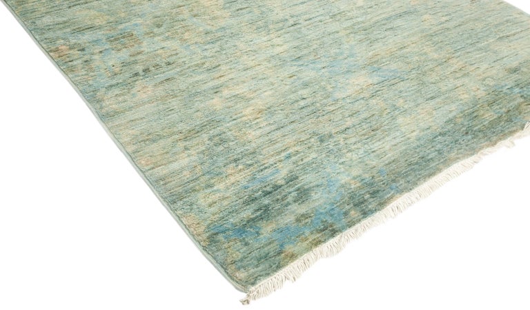 One of a Kind Colorful Wool Hand Knotted Runner Rug, Seafoam at 1stDibs