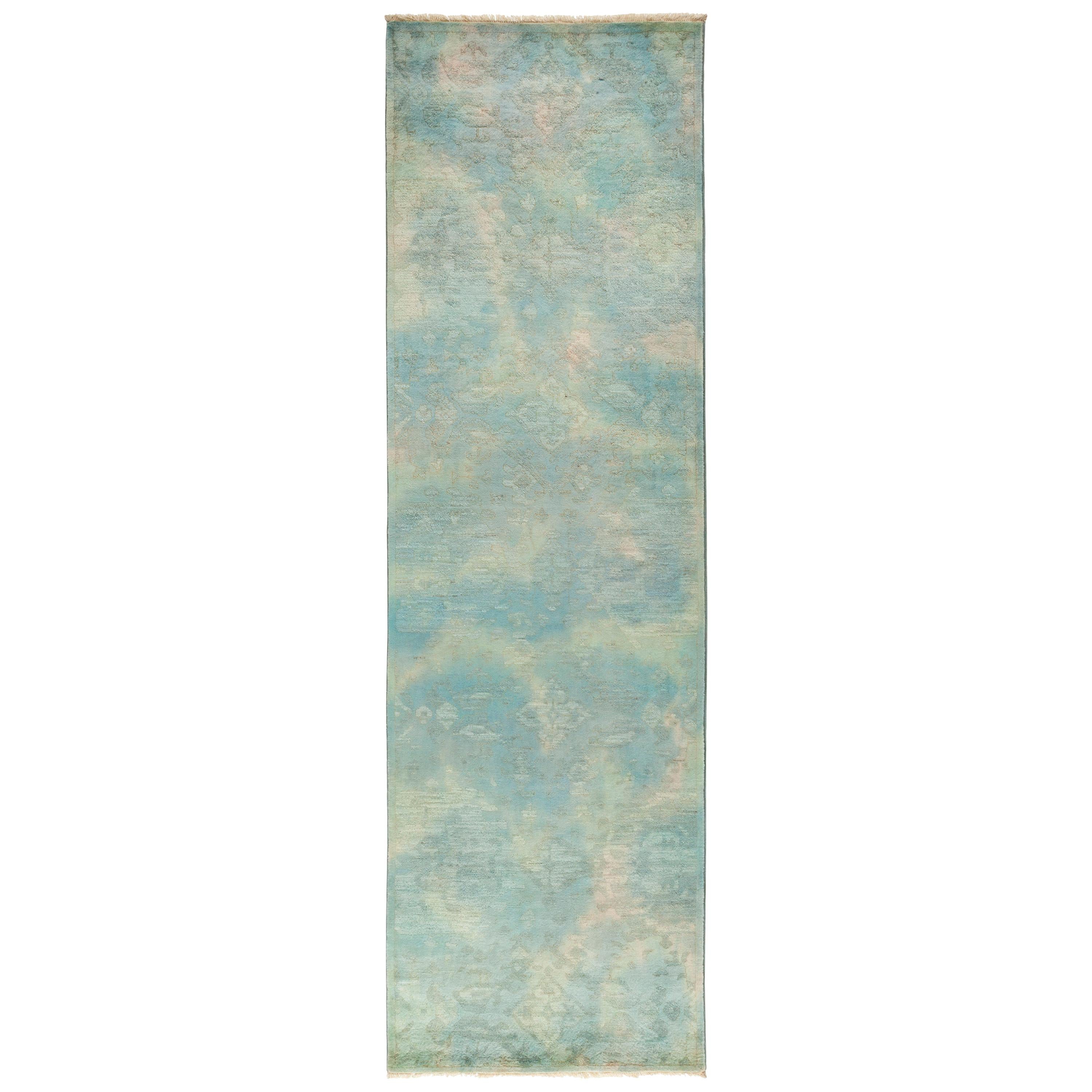 One of a Kind Colorful Wool Hand Knotted Runner Rug, Seafoam For Sale ...