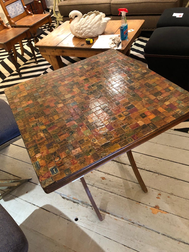 One of a Kind Folding Card Table Collaged with Stamps For Sale at 1stDibs