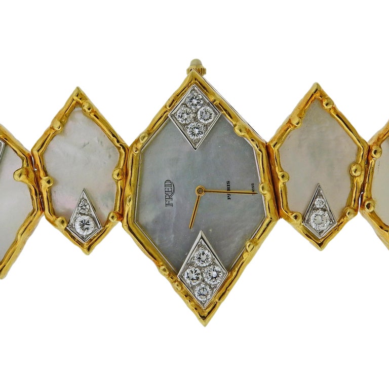 One of a Kind Fred Paris Gerald Genta Diamond MOP Gold Watch Bracelet ...