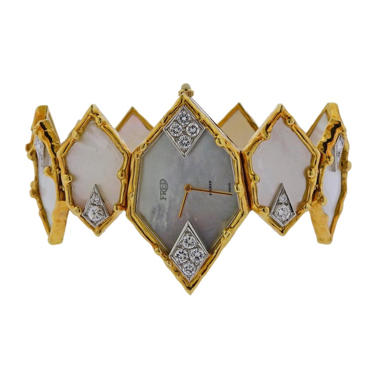 One of a Kind Fred Paris Gerald Genta Diamond MOP Gold Watch Bracelet ...