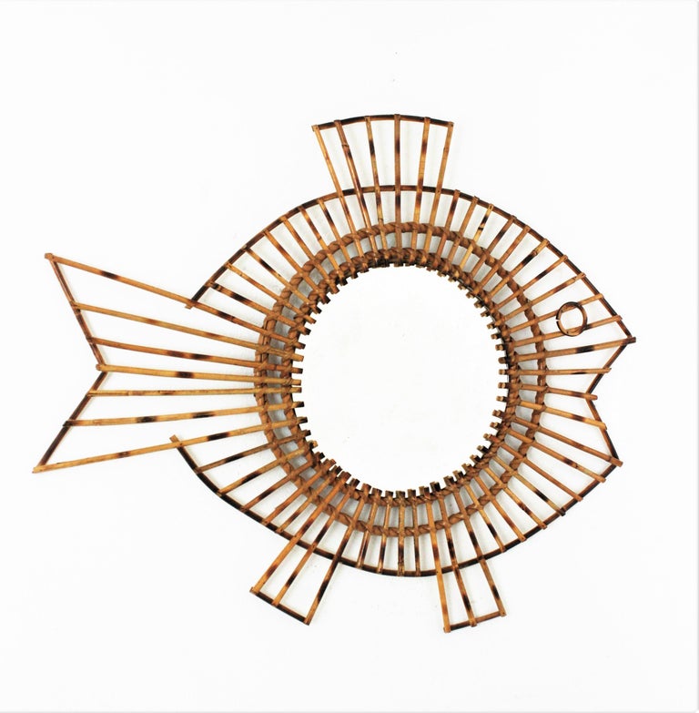 One of a Kind French 1950s Rattan Fish Shaped Mirror at 1stDibs