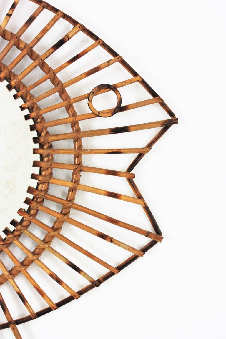 One of a Kind French 1950s Rattan Fish Shaped Mirror at 1stDibs