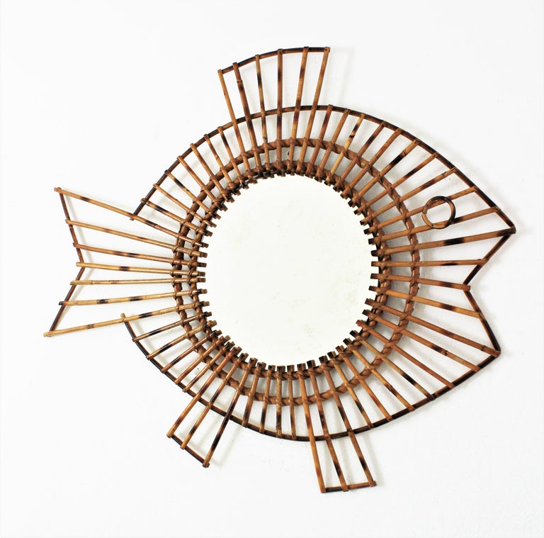 One of a Kind French 1950s Rattan Fish Shaped Mirror at 1stDibs