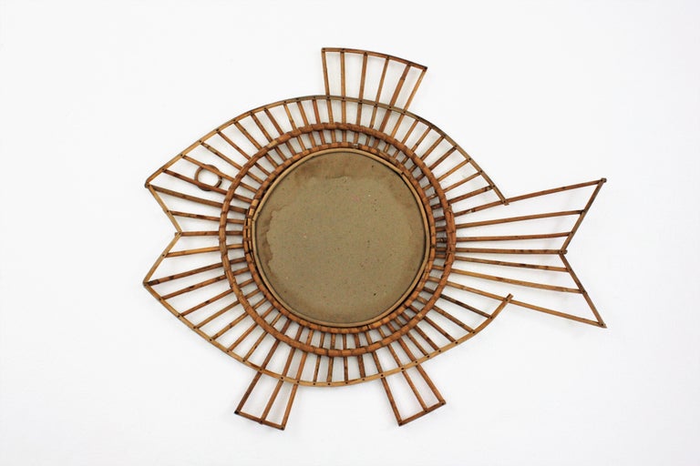 One of a Kind French 1950s Rattan Fish Shaped Mirror at 1stDibs