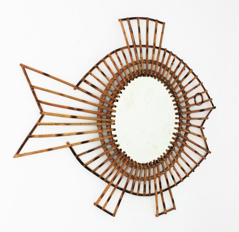 One of a Kind French 1950s Rattan Fish Shaped Mirror at 1stDibs