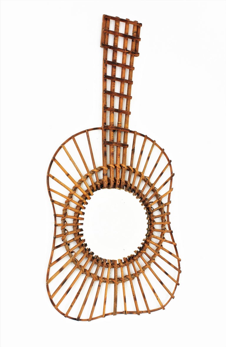 One of a Kind French Rattan Guitar Shaped Mirror, 1950s For Sale at 1stDibs