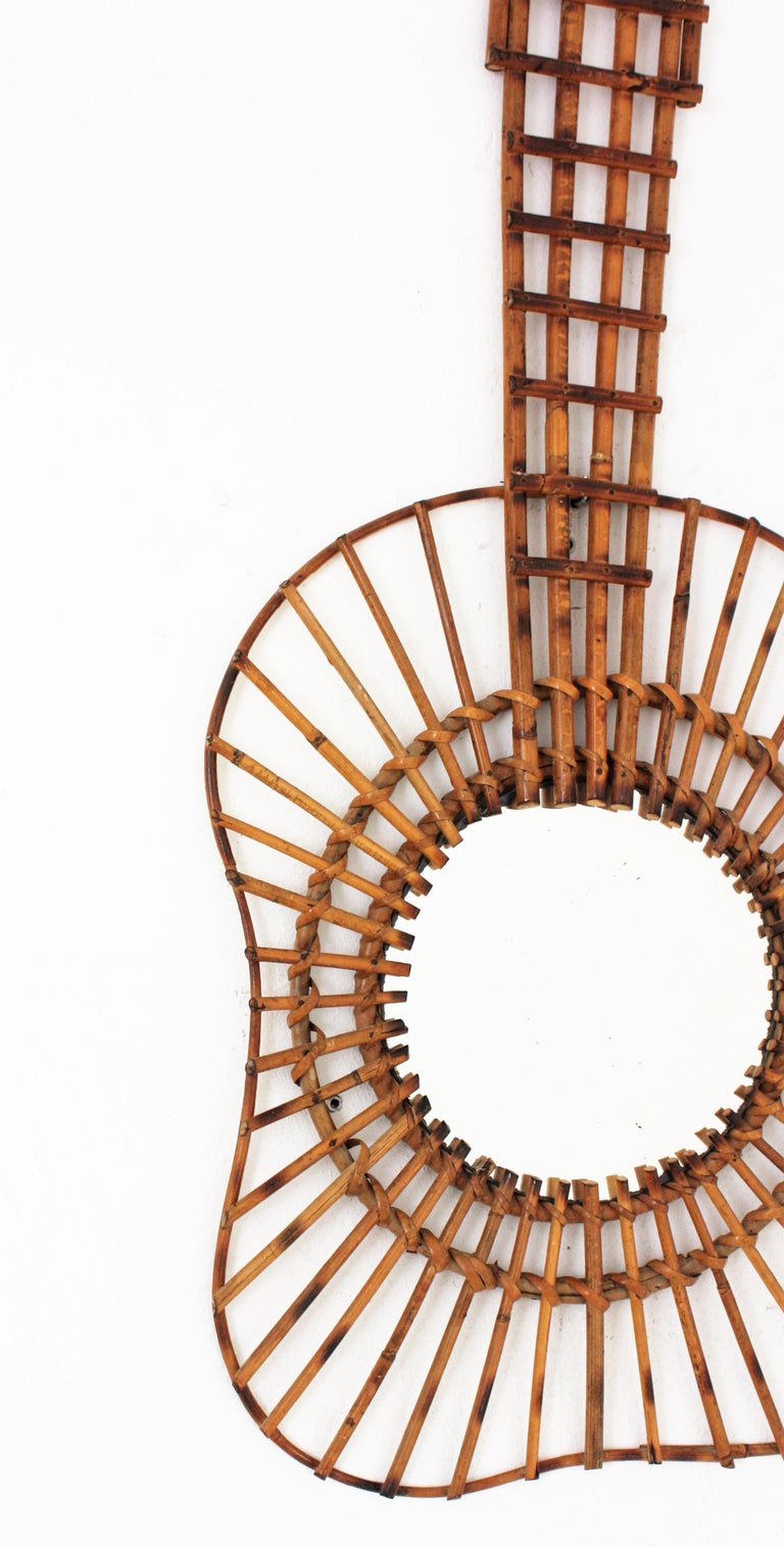 One of a Kind French Rattan Guitar Shaped Mirror, 1950s For Sale at 1stDibs