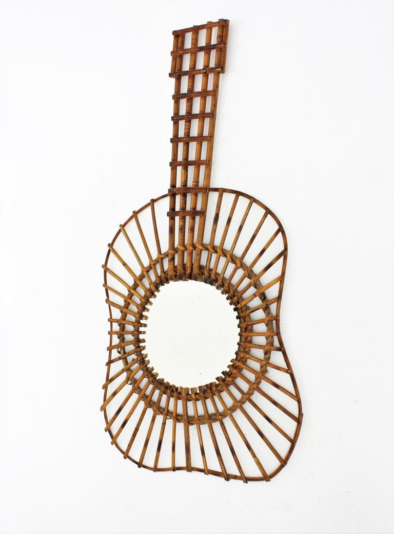 One of a Kind French Rattan Guitar Shaped Mirror, 1950s For Sale at 1stDibs