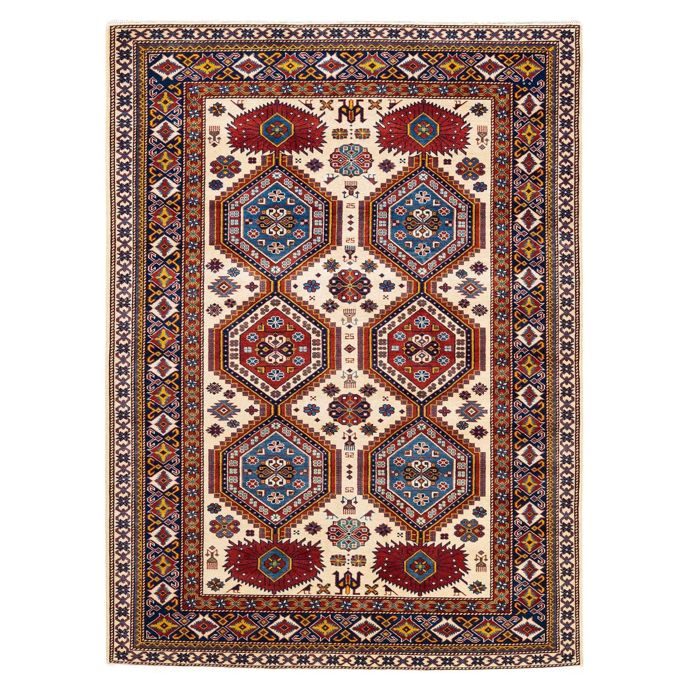 One-of-a-kind Hand Knotted Bohemian Tribal Tribal Ivory Area Rug For ...