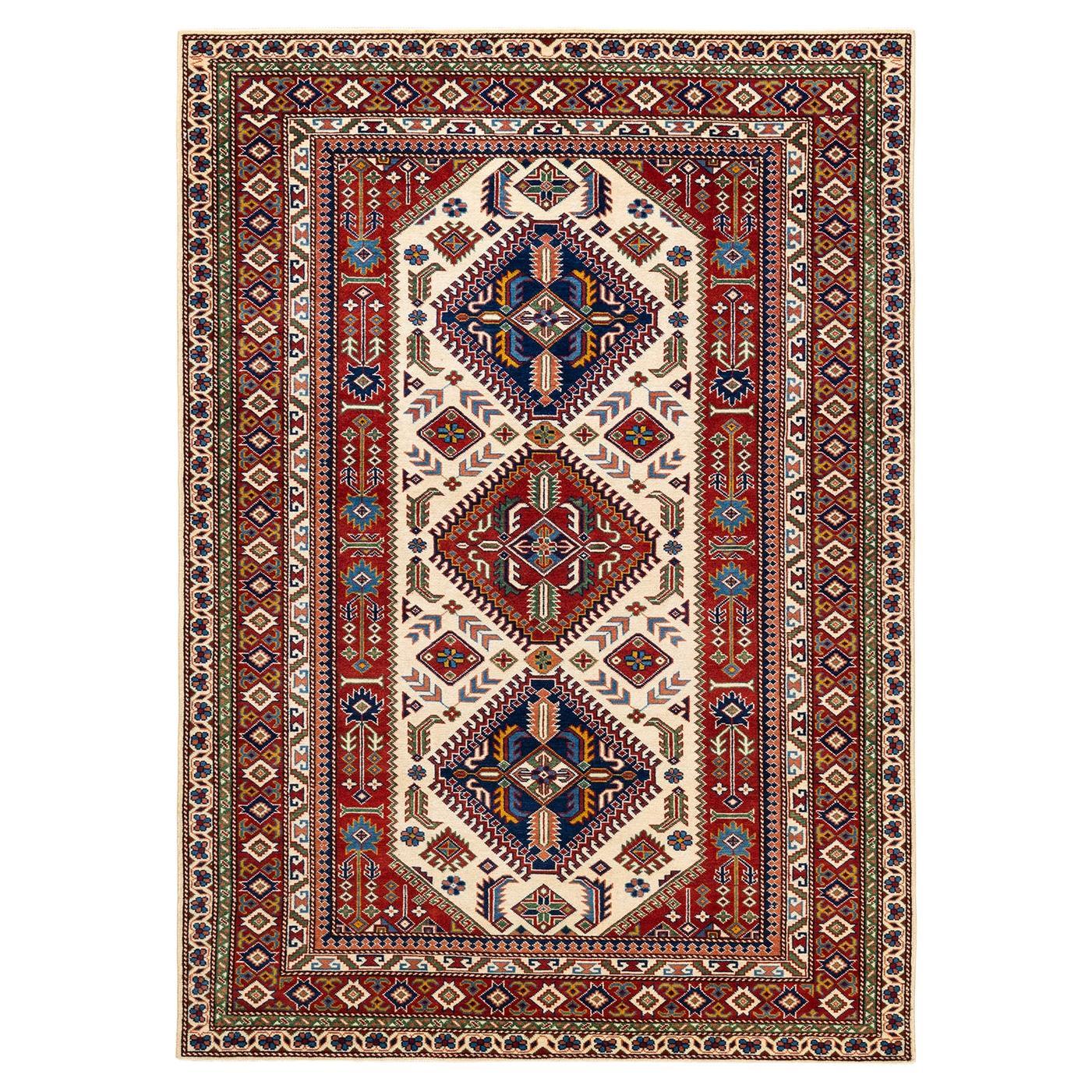 One-Of-A-Kind Hand Knotted Bohemian Tribal Tribal Ivory Area Rug For ...