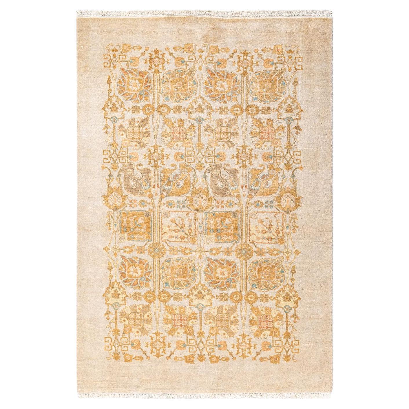 One of a Kind Hand Knotted Contemporary Abstract Eclectic Ivory Area ...