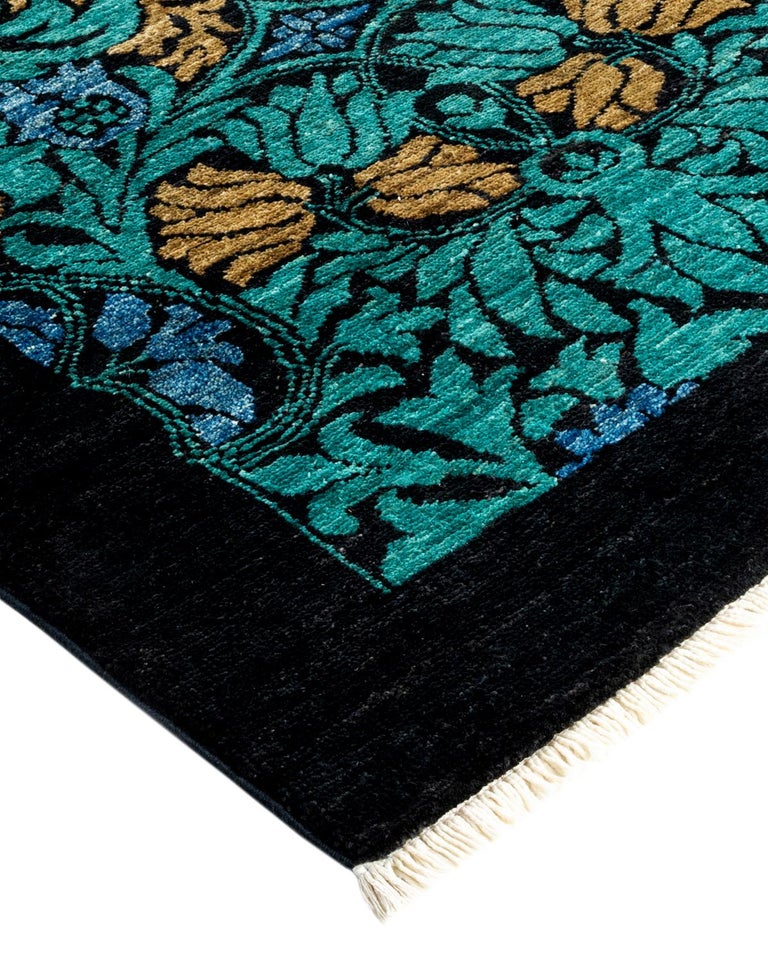 One of a Kind Hand Knotted Contemporary Floral Black Area Rug For Sale ...