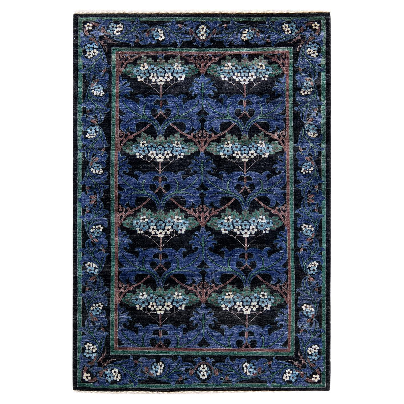 One of a Kind Hand Knotted Contemporary Floral Black Area Rug For Sale ...