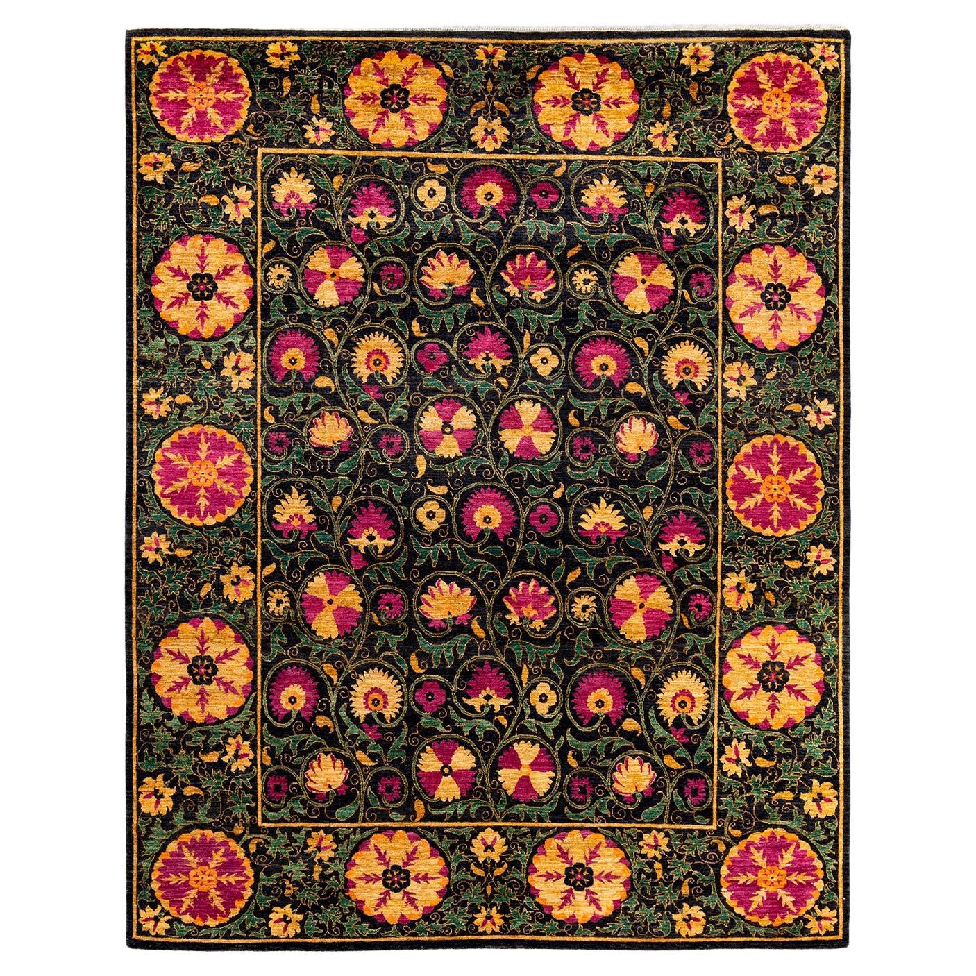 One of a Kind Hand Knotted Contemporary Floral Black Area Rug For Sale ...