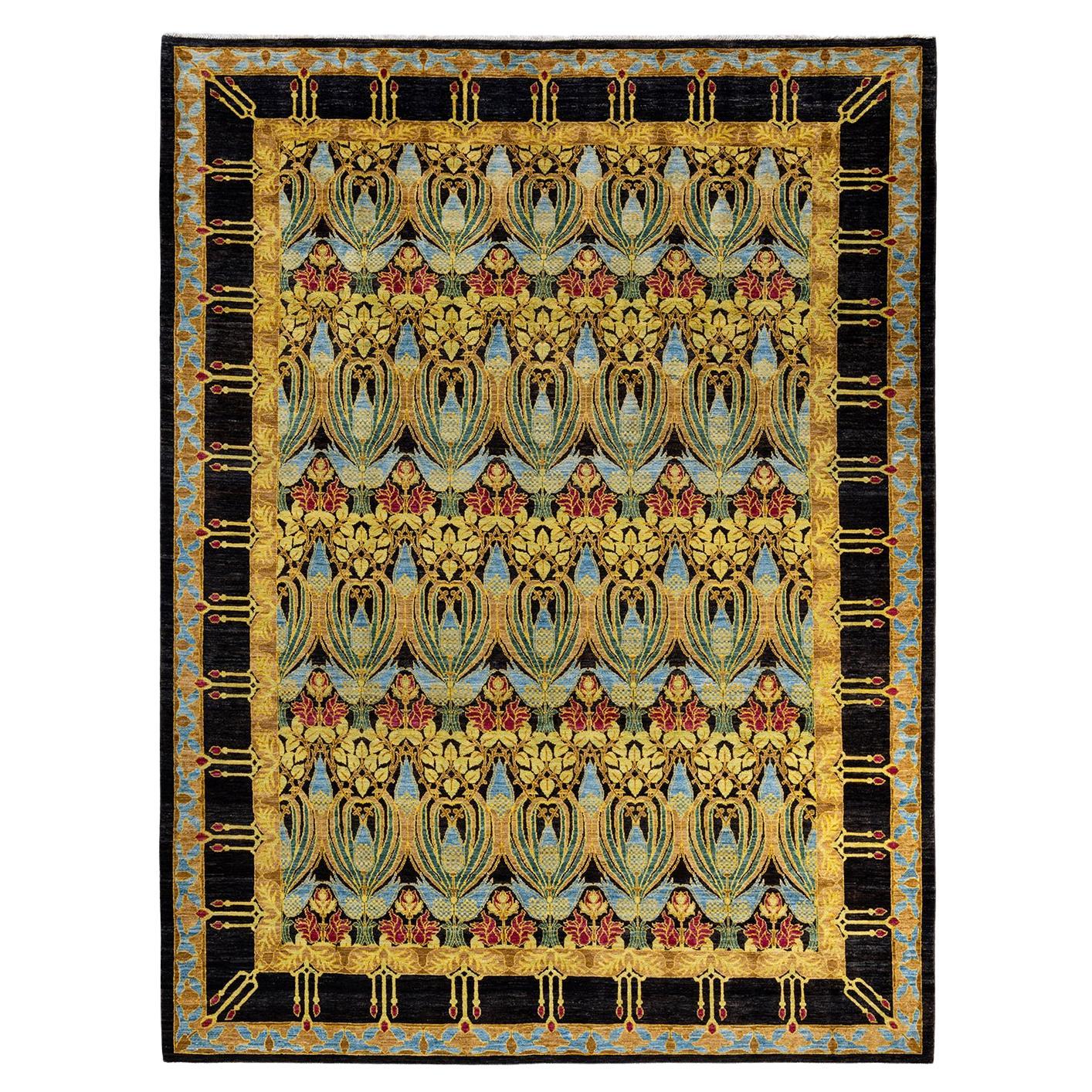 One of a Kind Hand Knotted Contemporary Floral Black Area Rug For Sale ...