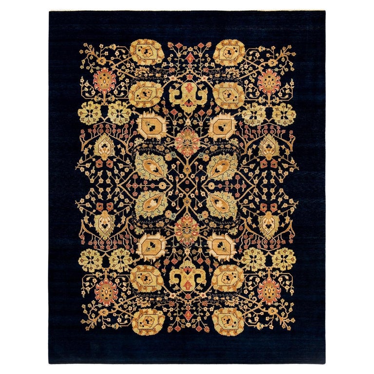 One of a Kind Hand Knotted Contemporary Floral Blue Area Rug For Sale ...