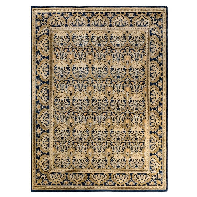 One of a Kind Hand Knotted Contemporary Floral Blue Area Rug For Sale ...