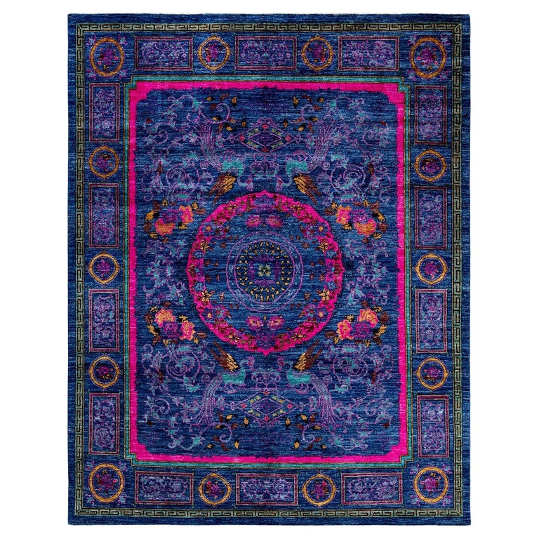 One of a Kind Hand Knotted Contemporary Floral Blue Area Rug For Sale ...