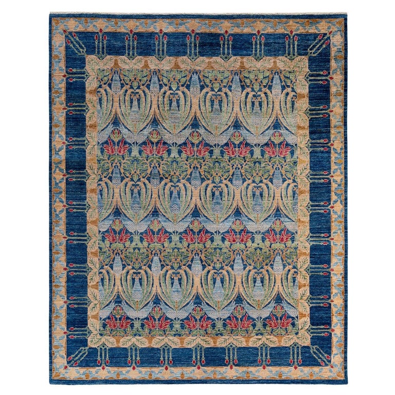 One of a Kind Hand Knotted Contemporary Floral Blue Area Rug For Sale ...
