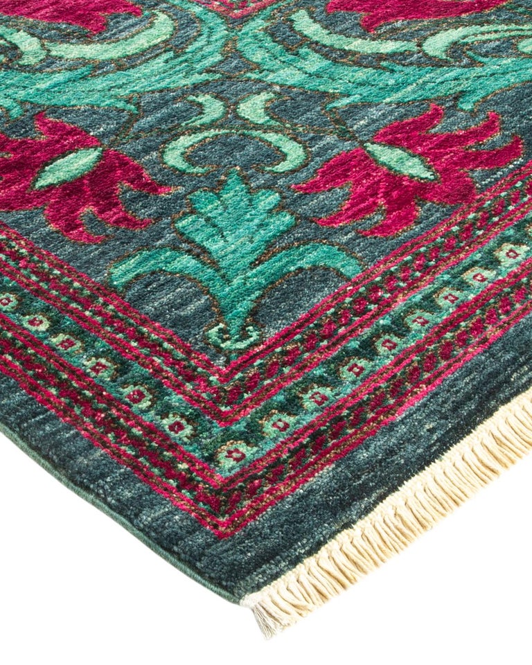 One of a Kind Hand Knotted Contemporary Floral Green Area Rug For Sale ...