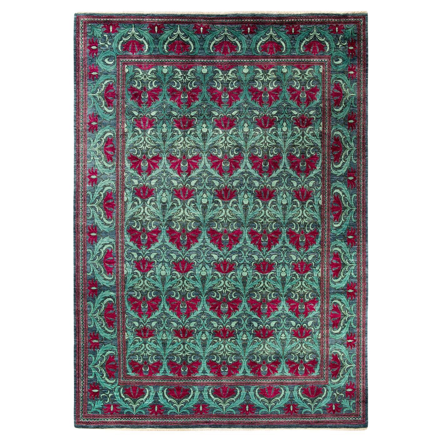 One-of-a-kind Hand Knotted Floral Modern Green Area Rug For Sale at 1stDibs