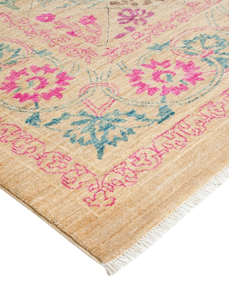 One of a Kind Hand Knotted Contemporary Floral Ivory Area Rug For Sale ...