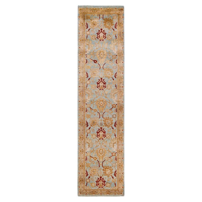 One of a Kind Hand Knotted Contemporary Floral Light Blue Runner For ...