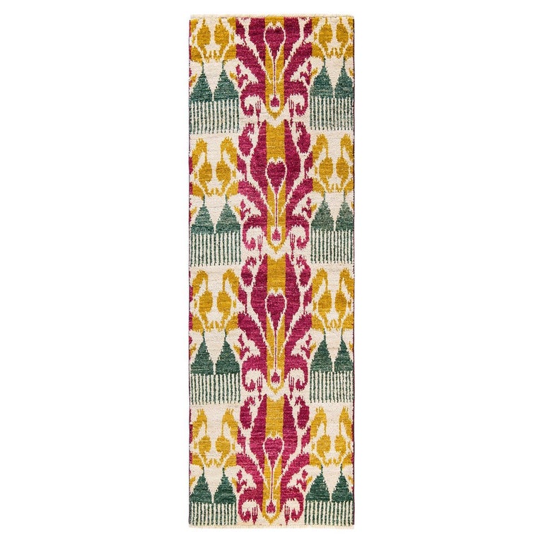 One of a Kind Hand Knotted Contemporary Ikat Ivory Runner For Sale at ...