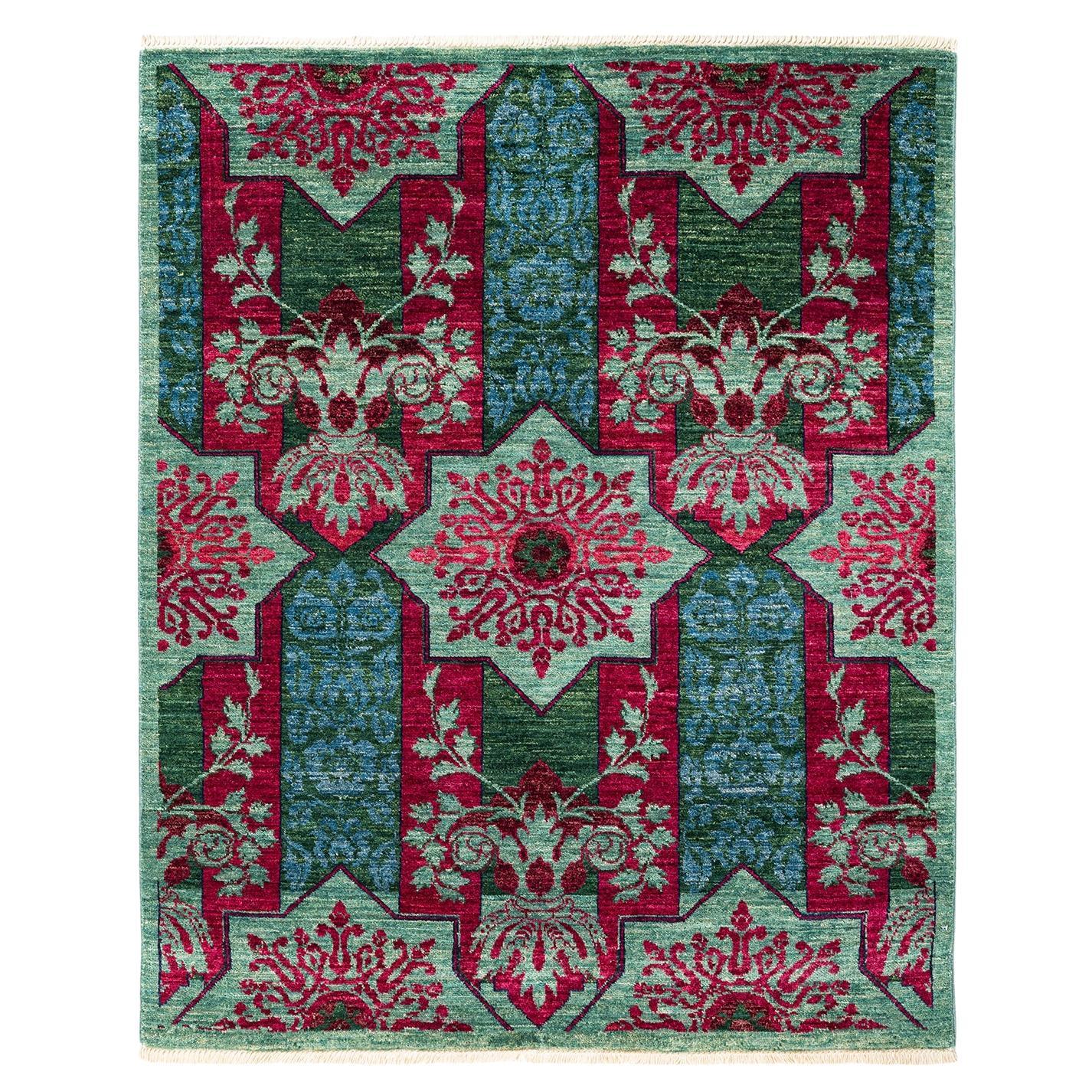One-of-a-kind Hand Knotted Contemporary Ikat Modern Green Area Rug For ...