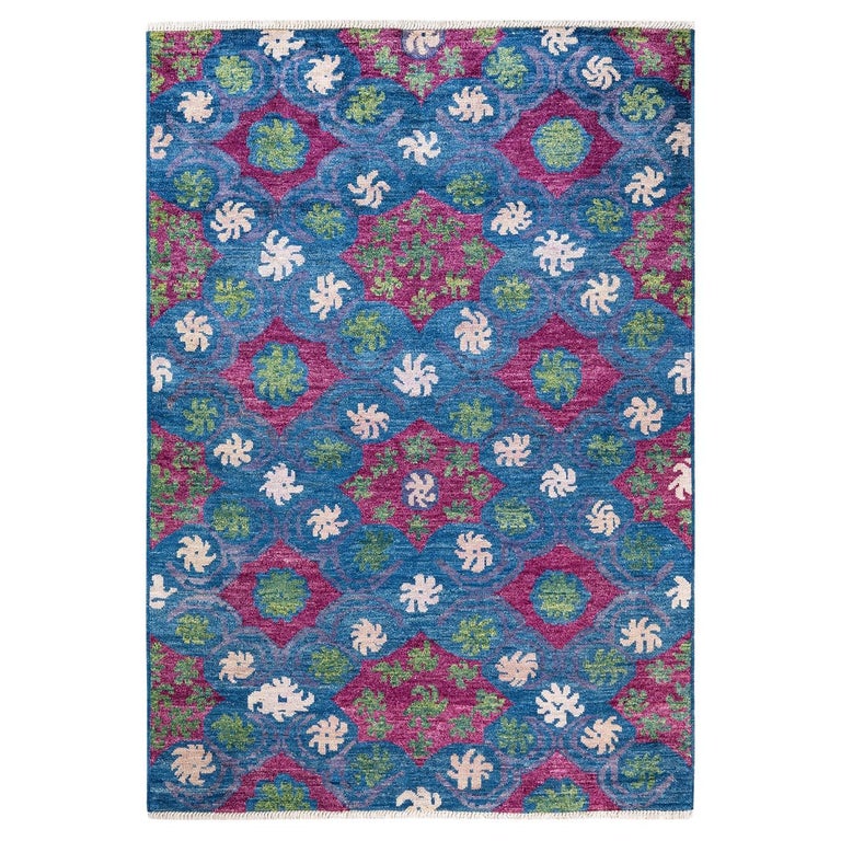 One-of-a-kind Hand Knotted Contemporary Ikat Modern Green Area Rug For ...