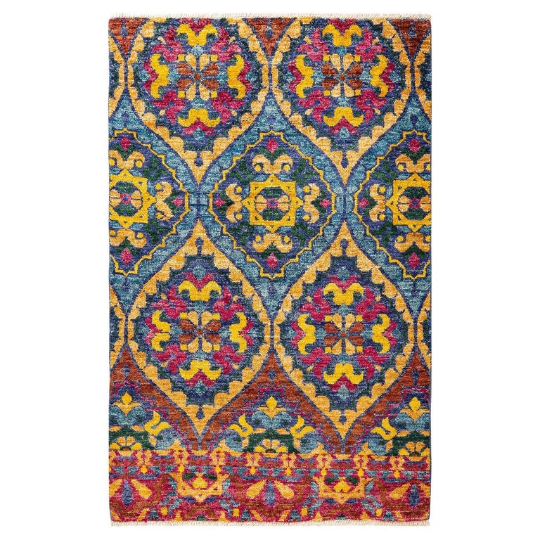 One-of-a-kind Hand Knotted Contemporary Modern Ikat Blue Area Rug For ...