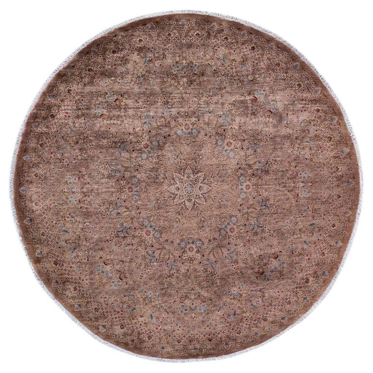 One of a Kind Hand Knotted Contemporary Overdyed Beige Round Area Rug ...