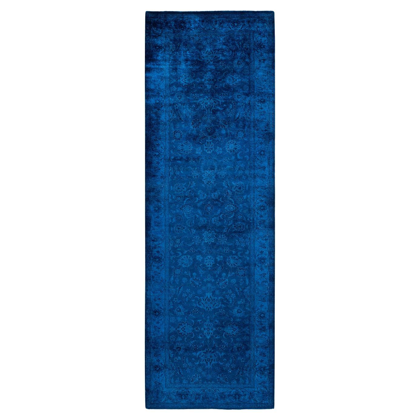 One of a Kind Hand Knotted Contemporary Overdyed Light Blue Runner For ...