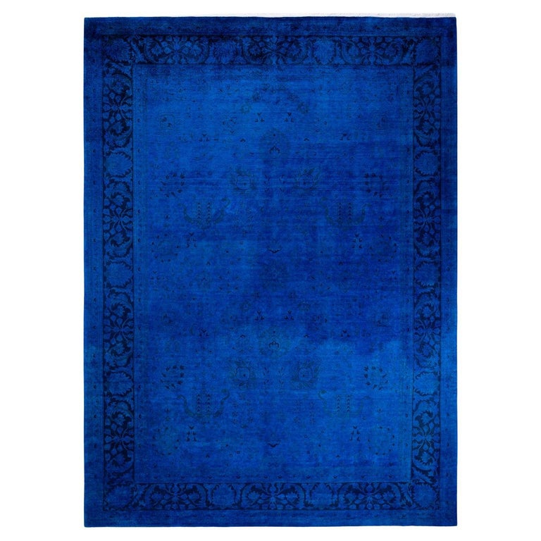 One of a Kind Hand Knotted Contemporary Overdyed Blue Square Area Rug ...