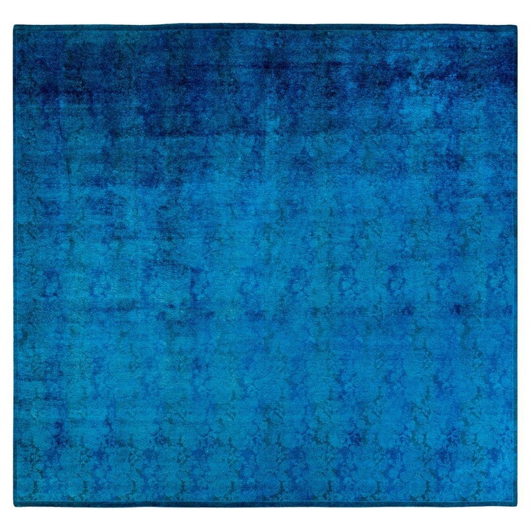 One of a Kind Hand Knotted Contemporary Overdyed Blue Square Area Rug ...