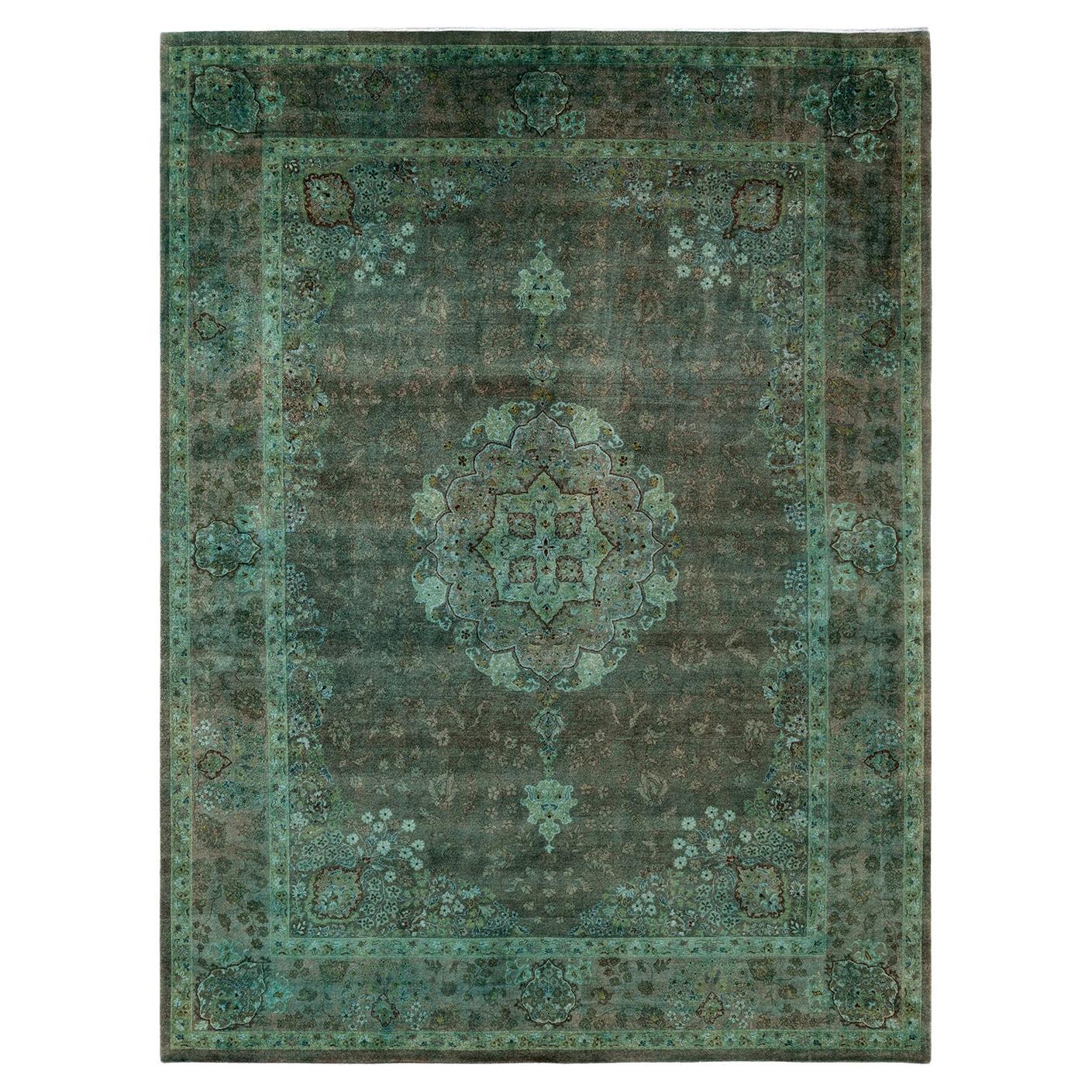 One of a Kind Hand Knotted Contemporary Overdyed Green Area Rug For ...