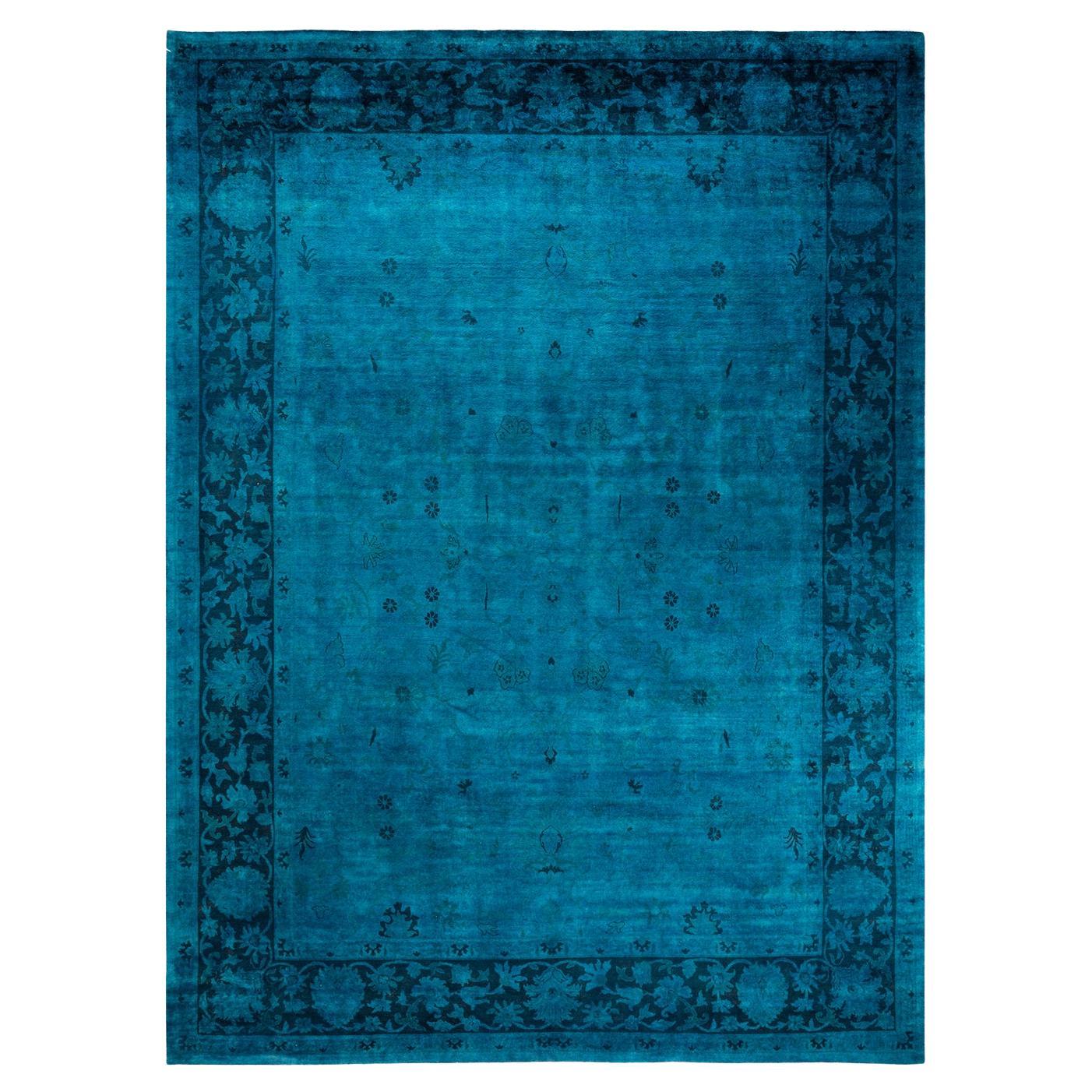 One of a Kind Hand Knotted Contemporary Overdyed Green Area Rug For ...