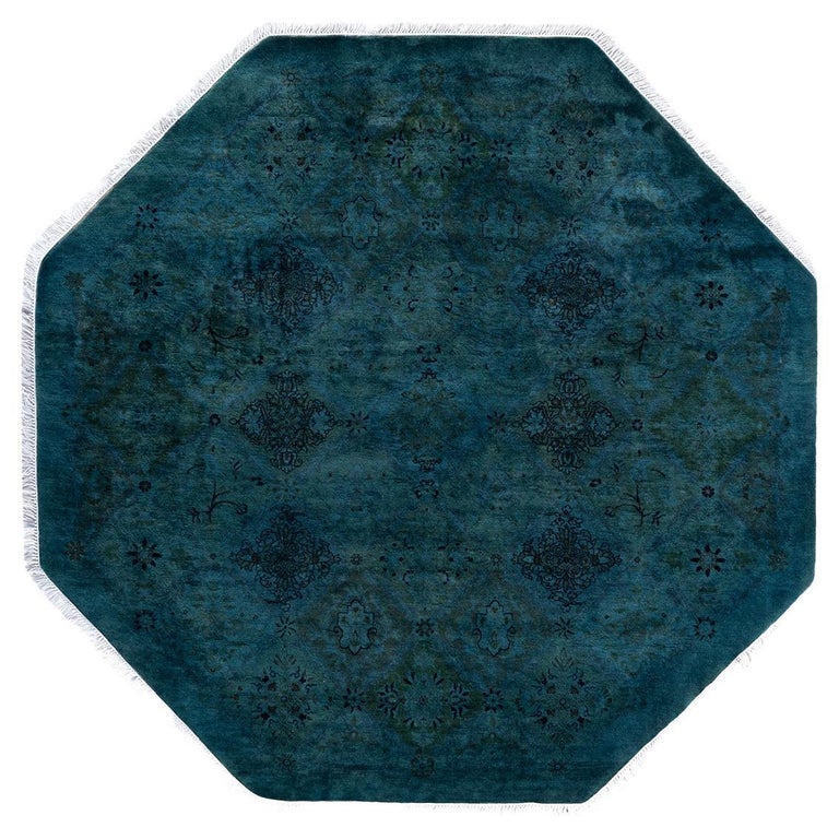 One of a Kind Hand Knotted Contemporary Overdyed Green Octagon Area Rug ...