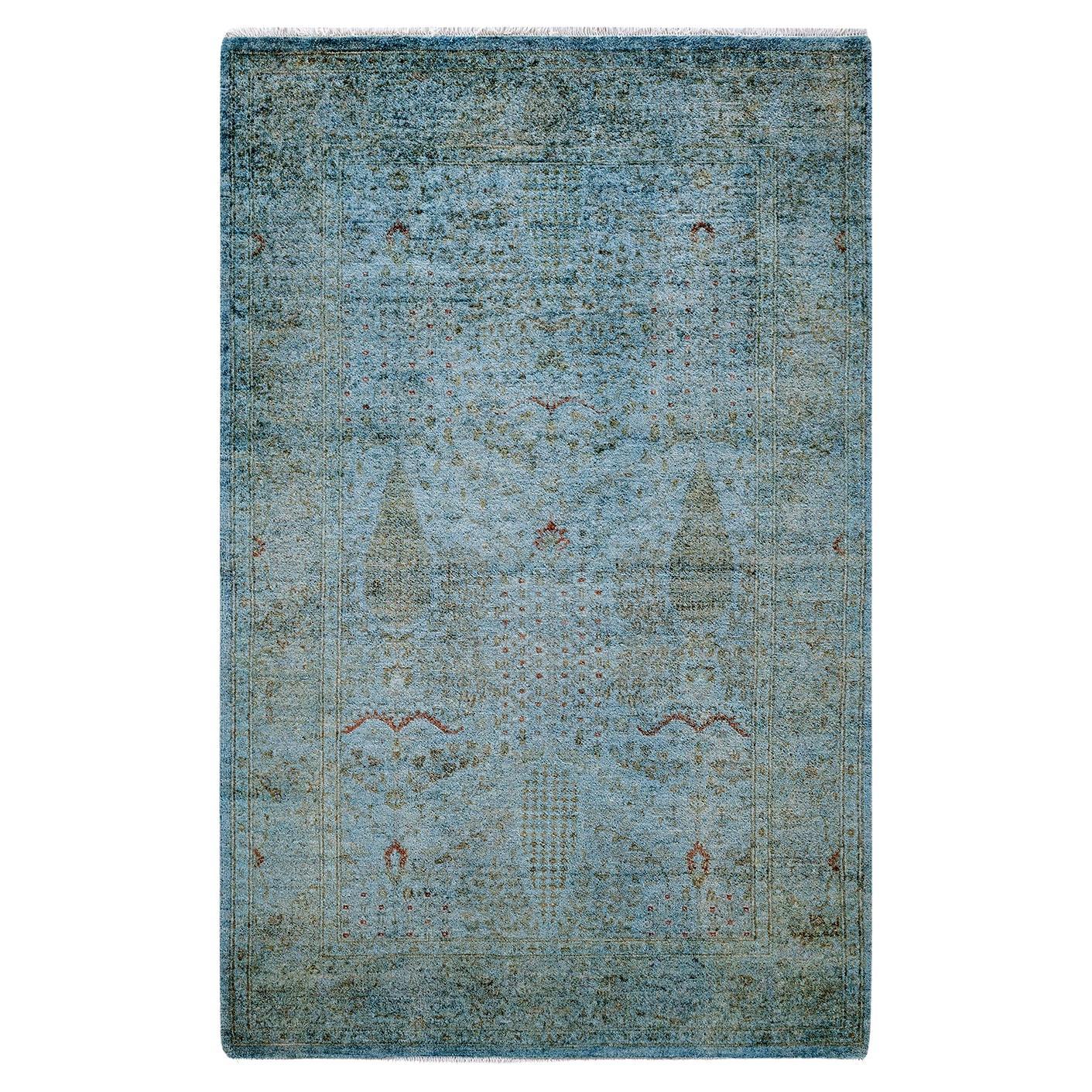 One of a Kind Hand Knotted Contemporary Overdyed Light Blue Round Area ...