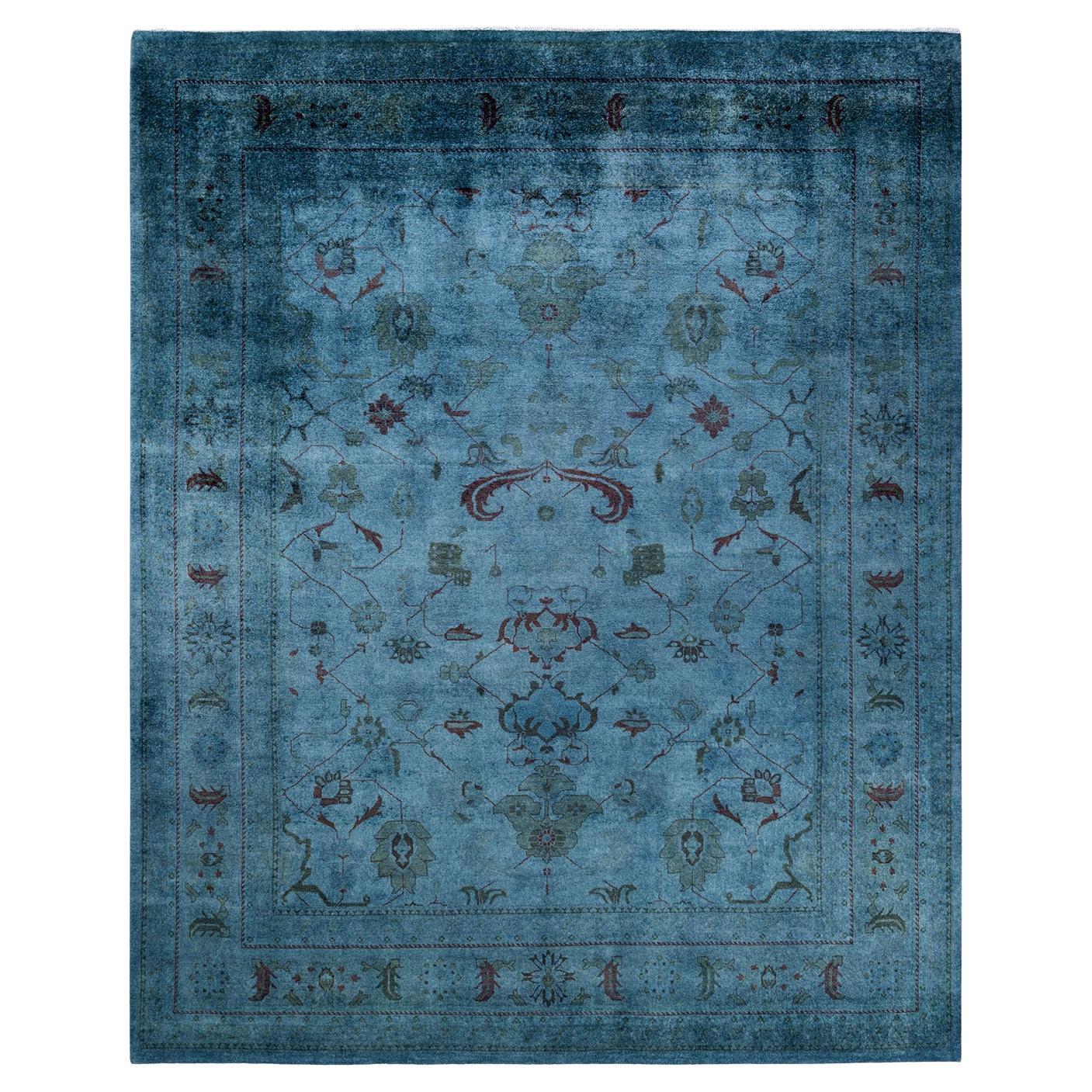 One of a Kind Hand Knotted Contemporary Overdyed Light Blue Round Area ...