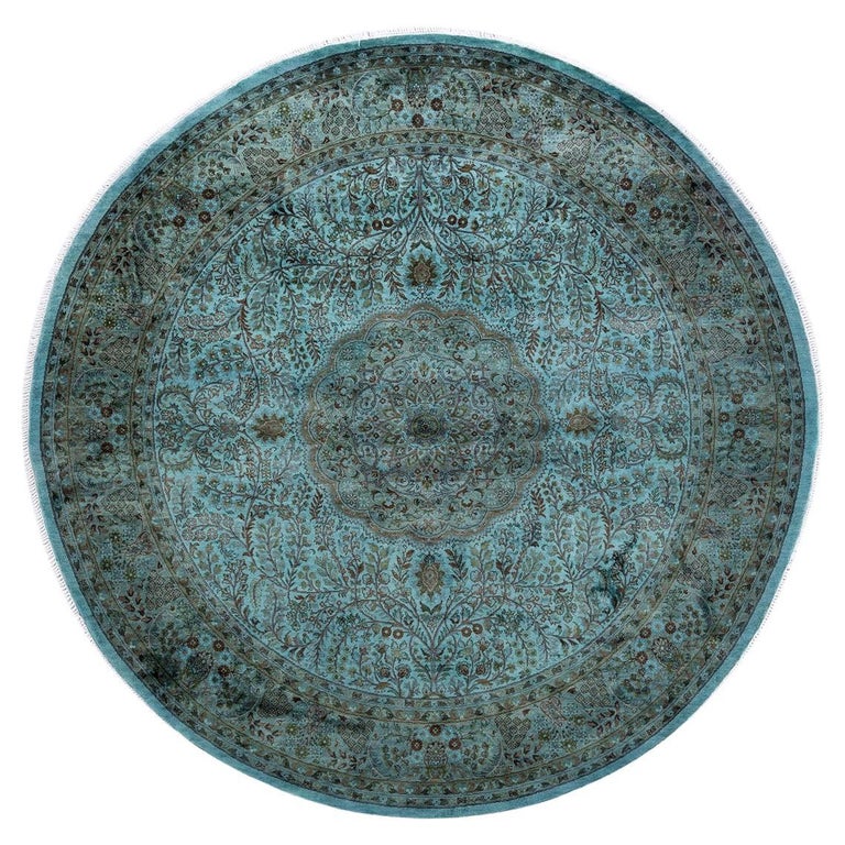 One of a Kind Hand Knotted Contemporary Overdyed Light Blue Round Area ...