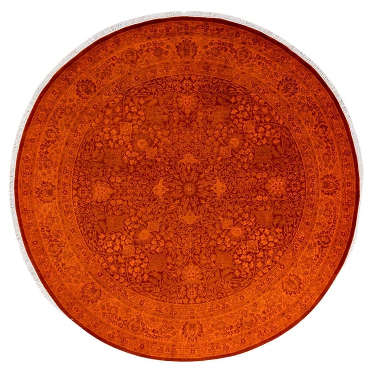 One of a Kind Hand Knotted Contemporary Overdyed Orange Round Area Rug ...