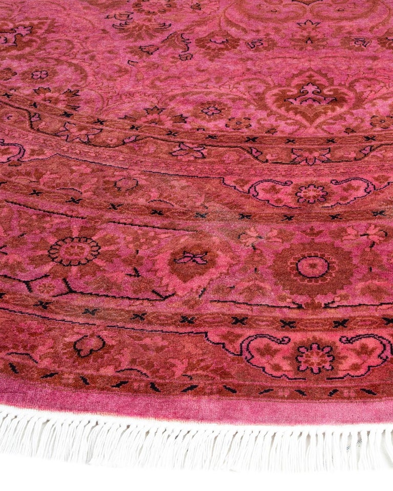 One of a Kind Hand Knotted Contemporary Overdyed Pink Round Area Rug ...