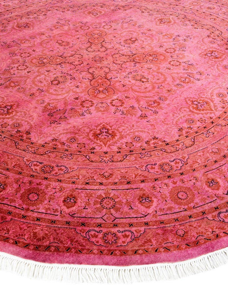 One of a Kind Hand Knotted Contemporary Overdyed Pink Round Area Rug ...