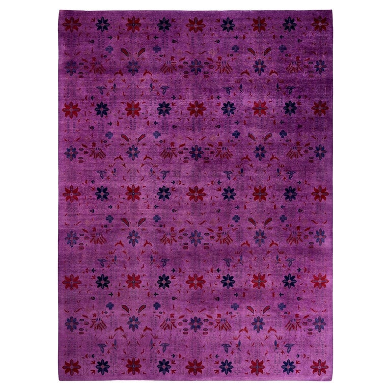 One of a Kind Hand Knotted Contemporary Overdyed Purple Area Rug For ...
