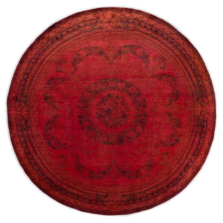 One of a Kind Hand Knotted Contemporary Overdyed Red Round Area Rug For ...