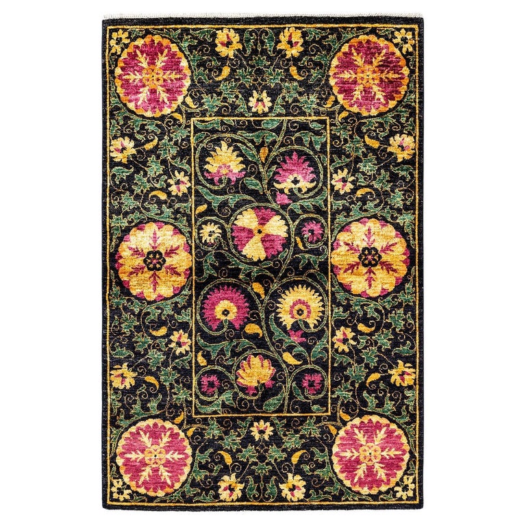 One-of-a-kind Hand Knotted Contemporary Suzani Black Area Rug For Sale ...